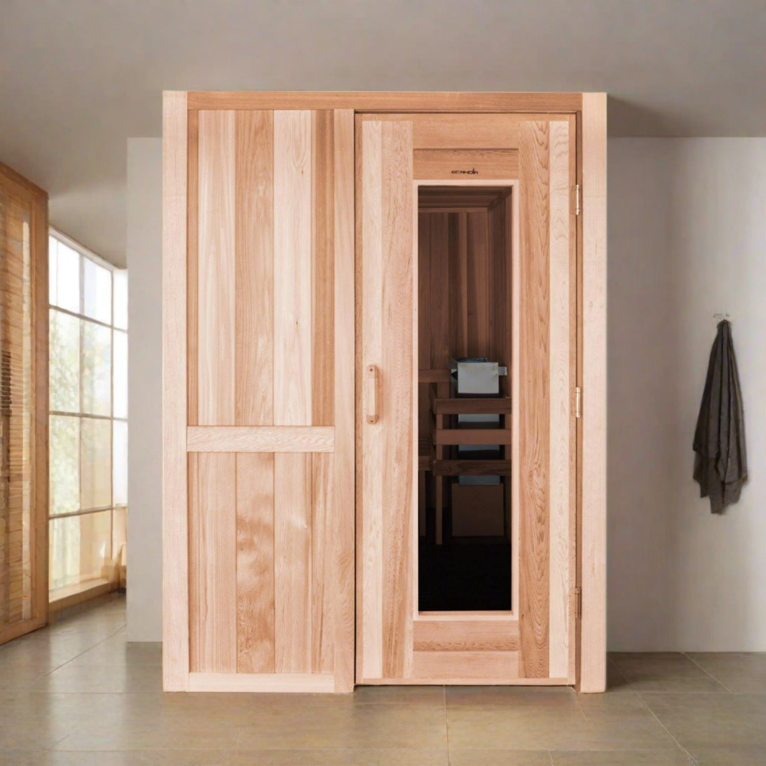 Scandia Cedar Sauna Door with Glass Insert, Door Frame, Hinges, and Ha